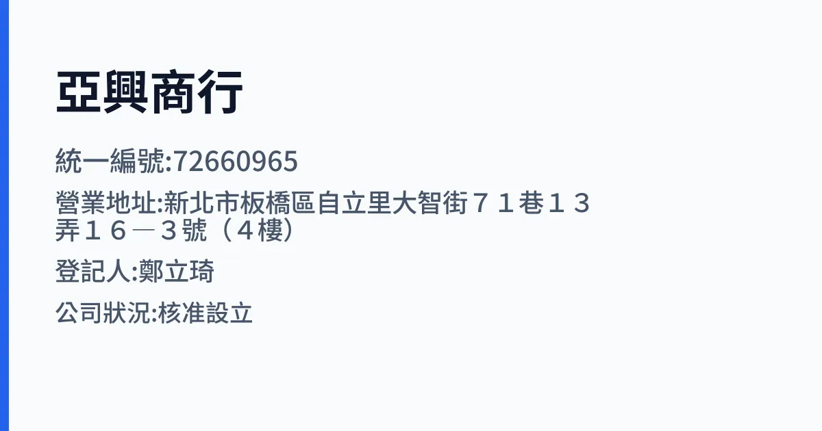 亞興商行 - 統編 72660965(新北市) 公司登記資料與營業項目詳細圖表