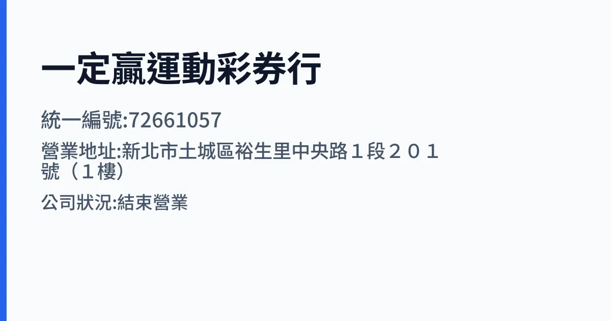 一定贏運動彩券行 - 統編 72661057(新北市) 公司登記資料與營業項目詳細圖表