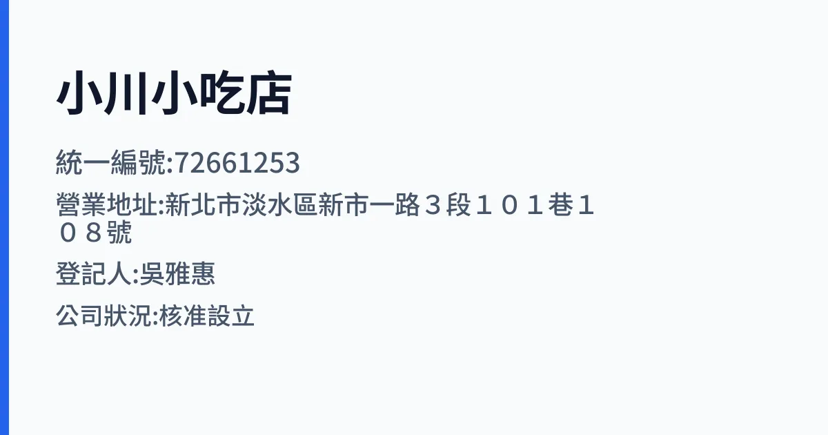小川小吃店 - 統編 72661253(新北市) 公司登記資料與營業項目詳細圖表