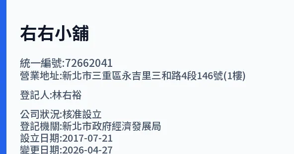 右右小舖的照片-統編 72662041(新北市) 公司登記資料與營業項目詳細圖表