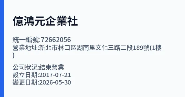 億鴻元企業社的照片-統編 72662056(新北市) 公司登記資料與營業項目詳細圖表