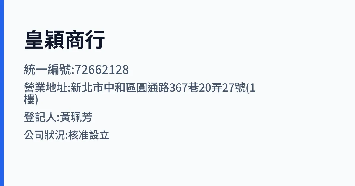 皇穎商行 - 統編 72662128(新北市) 公司登記資料與營業項目詳細圖表