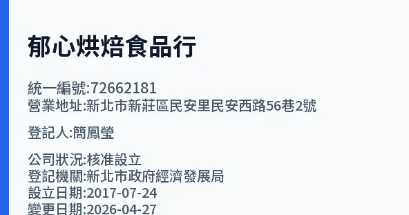 郁心烘焙食品行的照片-統編 72662181(新北市) 公司登記資料與營業項目詳細圖表