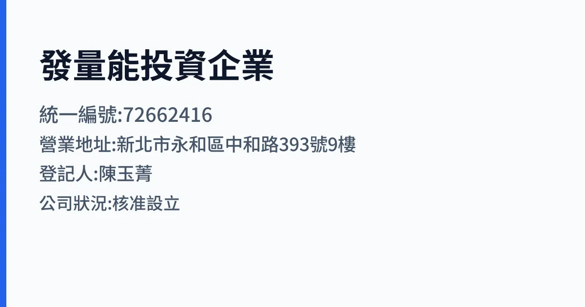 發量能投資企業 - 統編 72662416(新北市) 公司登記資料與營業項目詳細圖表
