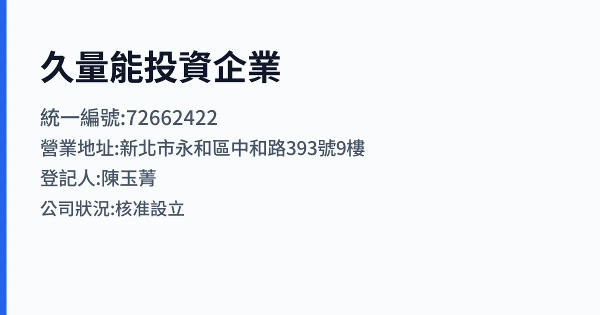 久量能投資企業 - 統編 72662422(新北市) 公司登記資料與營業項目詳細圖表