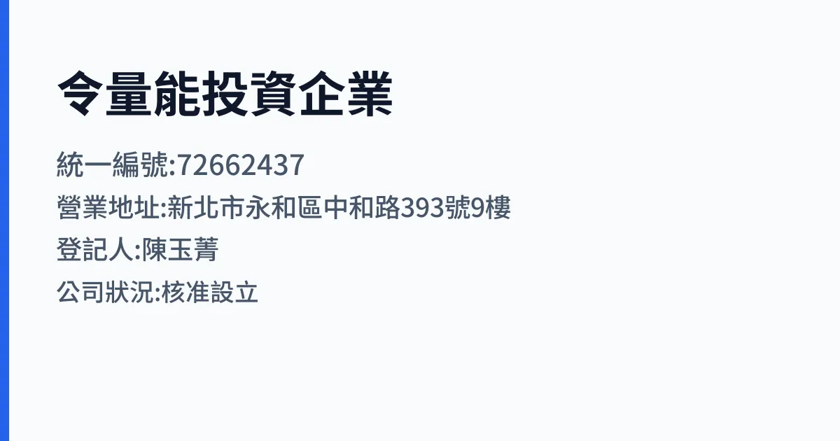令量能投資企業 - 統編 72662437(新北市) 公司登記資料與營業項目詳細圖表
