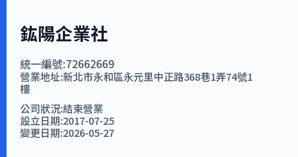 鈜陽企業社的照片-統編 72662669(新北市) 公司登記資料與營業項目詳細圖表