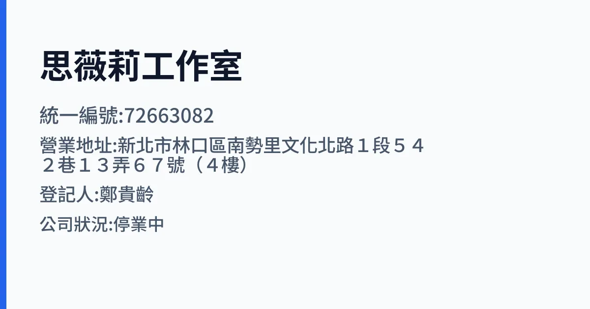 思薇莉工作室 - 統編 72663082(新北市) 公司登記資料與營業項目詳細圖表