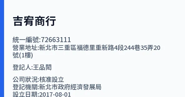 吉宥商行的照片-統編 72663111(新北市) 公司登記資料與營業項目詳細圖表