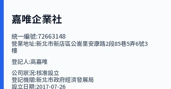 嘉唯企業社的照片-統編 72663148(新北市) 公司登記資料與營業項目詳細圖表