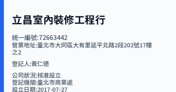立昌室內裝修工程行的照片-統編 72663442(臺北市) 公司登記資料與營業項目詳細圖表