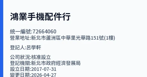 鴻業手機配件行的照片-統編 72664060(新北市) 公司登記資料與營業項目詳細圖表
