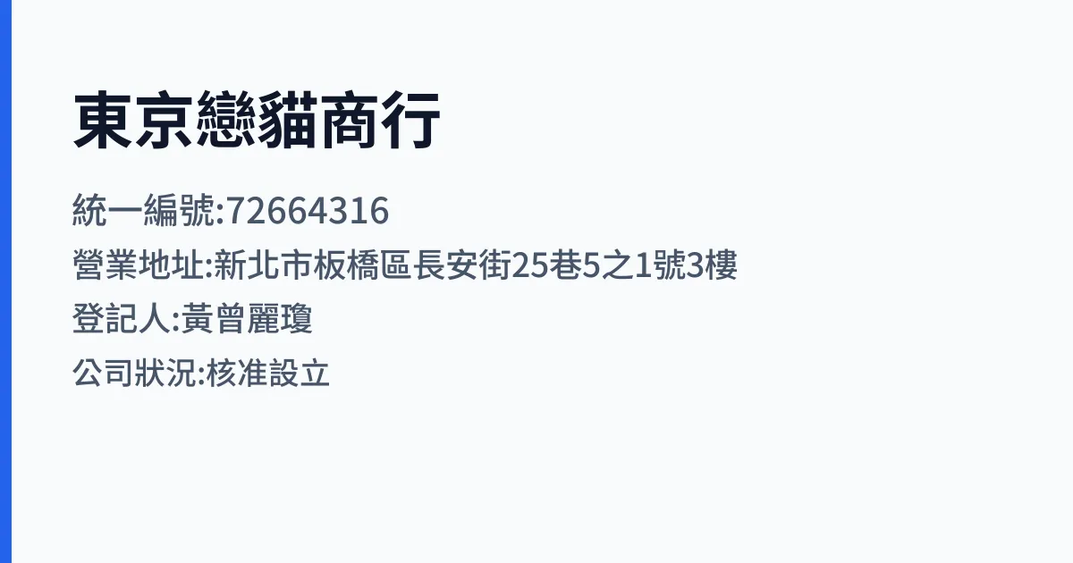 東京戀貓商行 - 統編 72664316(新北市) 公司登記資料與營業項目詳細圖表