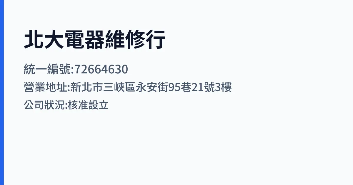 北大電器維修行 - 統編 72664630(新北市) 公司登記資料與營業項目詳細圖表