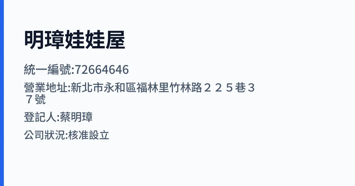 明璋娃娃屋 - 統編 72664646(新北市) 公司登記資料與營業項目詳細圖表