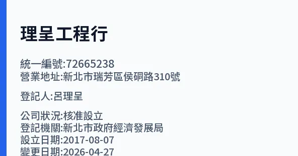 理呈工程行的照片-統編 72665238(新北市) 公司登記資料與營業項目詳細圖表