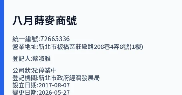 八月蒔麥商號的照片-統編 72665336(新北市) 公司登記資料與營業項目詳細圖表