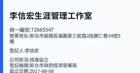 李信宏生涯管理工作室的照片-統編 72665547(新北市) 公司登記資料與營業項目詳細圖表
