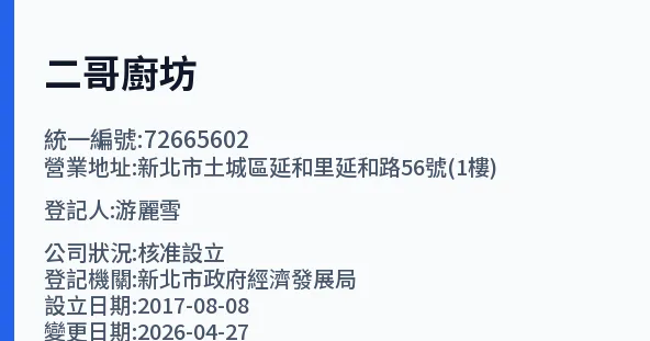 二哥廚坊的照片-統編 72665602(新北市) 公司登記資料與營業項目詳細圖表
