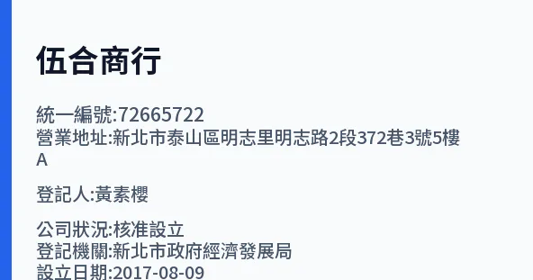 伍合商行的照片-統編 72665722(新北市) 公司登記資料與營業項目詳細圖表