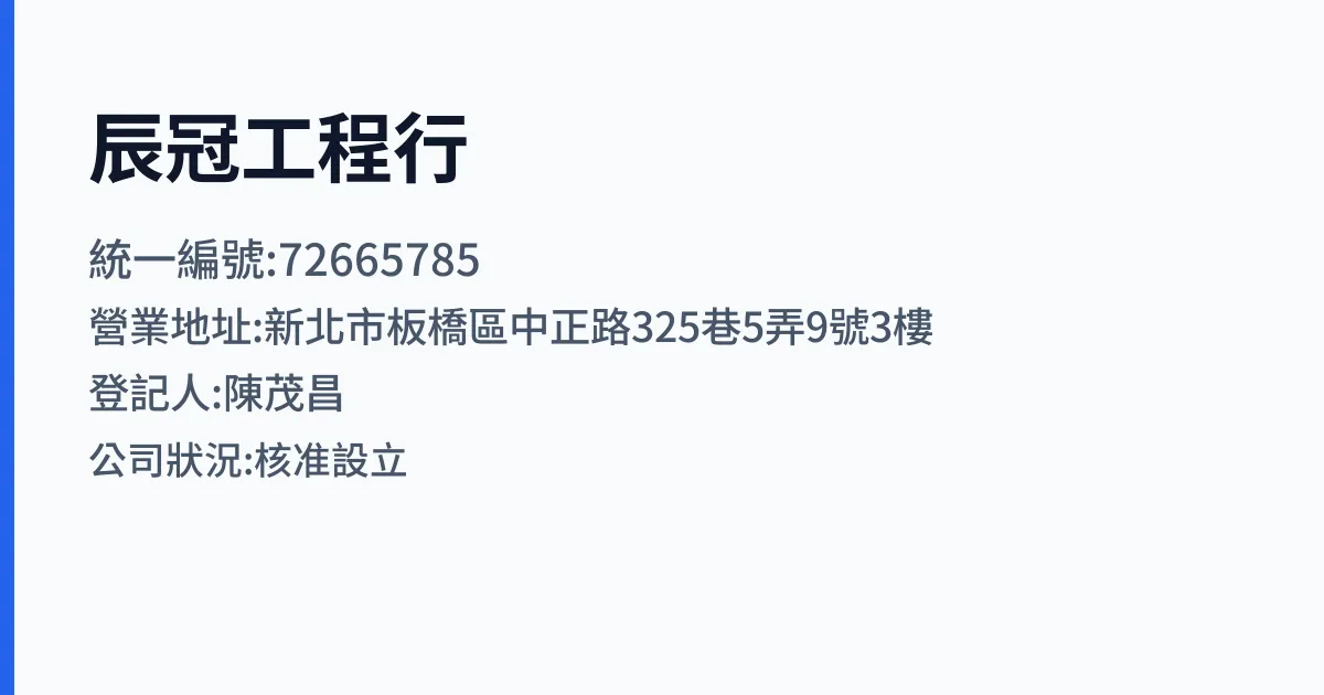 辰冠工程行 - 統編 72665785(新北市) 公司登記資料與營業項目詳細圖表