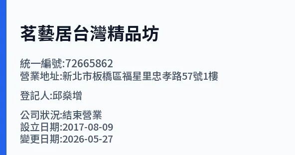 茗藝居台灣精品坊的照片-統編 72665862(新北市) 公司登記資料與營業項目詳細圖表