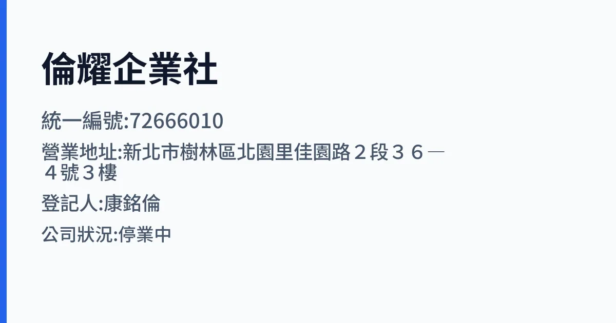 倫耀企業社 - 統編 72666010(新北市) 公司登記資料與營業項目詳細圖表
