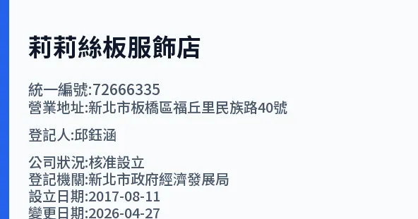 莉莉絲板服飾店的照片-統編 72666335(新北市) 公司登記資料與營業項目詳細圖表