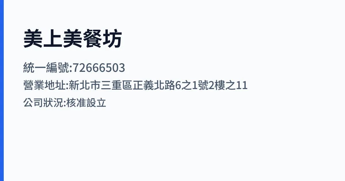 美上美餐坊 - 統編 72666503(新北市) 公司登記資料與營業項目詳細圖表