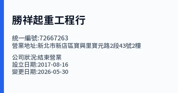 勝祥起重工程行的照片-統編 72667263(新北市) 公司登記資料與營業項目詳細圖表