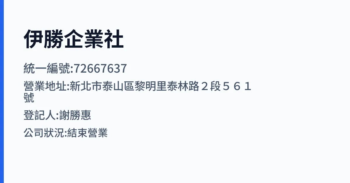 伊勝企業社 - 統編 72667637(新北市) 公司登記資料與營業項目詳細圖表