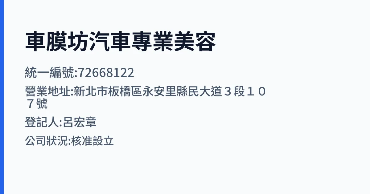 車膜坊汽車專業美容 - 統編 72668122(新北市) 公司登記資料與營業項目詳細圖表
