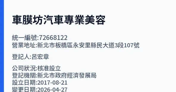 車膜坊汽車專業美容的照片-統編 72668122(新北市) 公司登記資料與營業項目詳細圖表