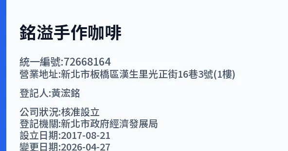銘溢手作咖啡的照片-統編 72668164(新北市) 公司登記資料與營業項目詳細圖表