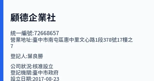 顧德企業社的照片-統編 72668657(臺中市) 公司登記資料與營業項目詳細圖表