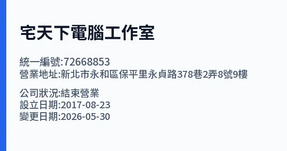 宅天下電腦工作室的照片-統編 72668853(新北市) 公司登記資料與營業項目詳細圖表