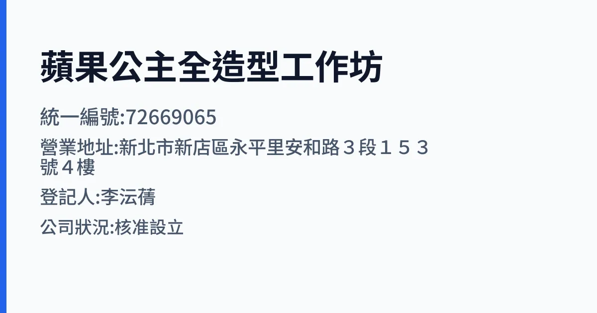 蘋果公主全造型工作坊 - 統編 72669065(新北市) 公司登記資料與營業項目詳細圖表