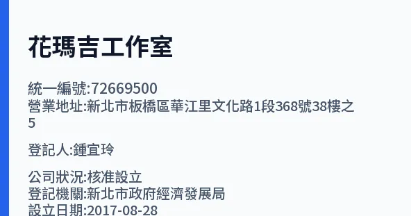 花瑪吉工作室的照片-統編 72669500(新北市) 公司登記資料與營業項目詳細圖表