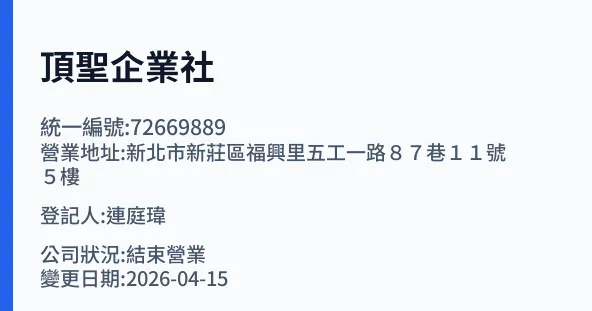 頂聖企業社的照片-統編 72669889(新北市) 公司登記資料與營業項目詳細圖表