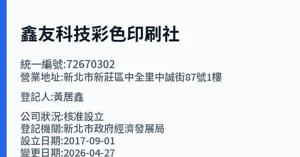 鑫友科技彩色印刷社的照片-統編 72670302(新北市) 公司登記資料與營業項目詳細圖表