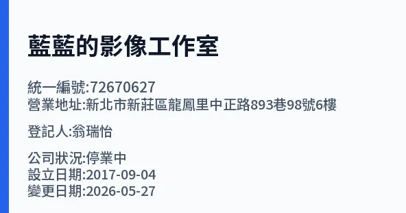 藍藍的影像工作室的照片-統編 72670627(新北市) 公司登記資料與營業項目詳細圖表