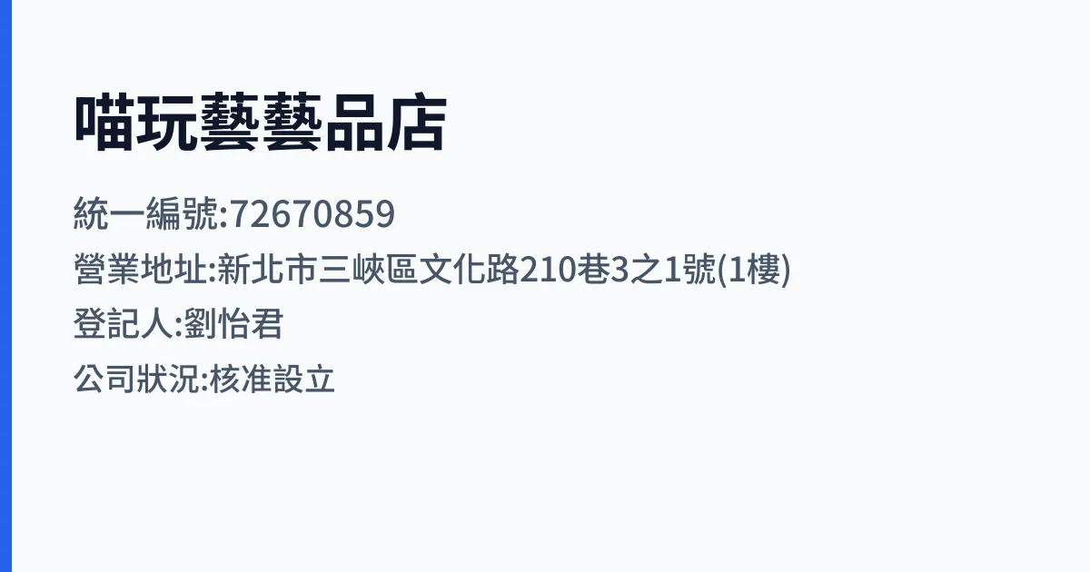 喵玩藝藝品店 - 統編 72670859(新北市) 公司登記資料與營業項目詳細圖表