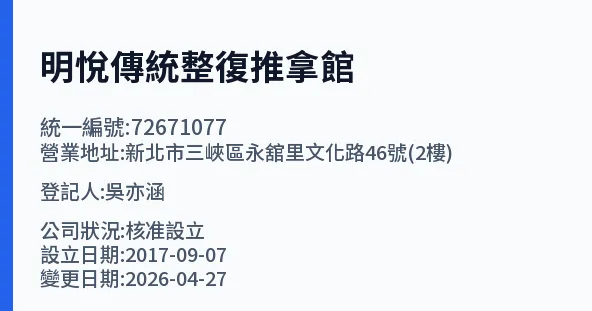 明悅傳統整復推拿館的照片-統編 72671077(新北市) 公司登記資料與營業項目詳細圖表