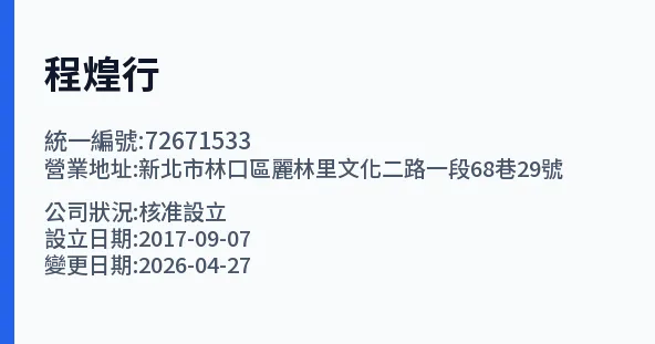 程煌行的照片-統編 72671533(新北市) 公司登記資料與營業項目詳細圖表
