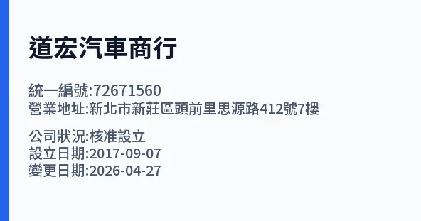 道宏汽車商行的照片-統編 72671560(新北市) 公司登記資料與營業項目詳細圖表