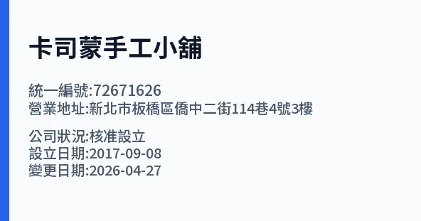 卡司蒙手工小舖的照片-統編 72671626(新北市) 公司登記資料與營業項目詳細圖表