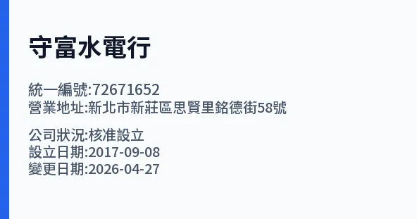 守富水電行的照片-統編 72671652(新北市) 公司登記資料與營業項目詳細圖表