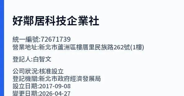 好鄰居科技企業社的照片-統編 72671739(新北市) 公司登記資料與營業項目詳細圖表
