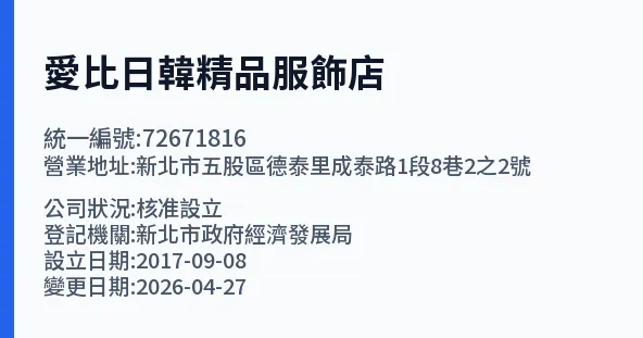 愛比日韓精品服飾店的照片-統編 72671816(新北市) 公司登記資料與營業項目詳細圖表