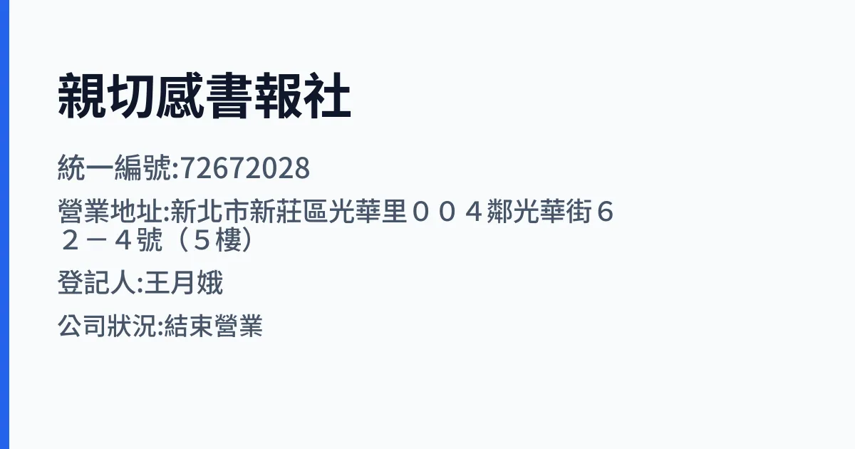 親切感書報社 - 統編 72672028(新北市) 公司登記資料與營業項目詳細圖表
